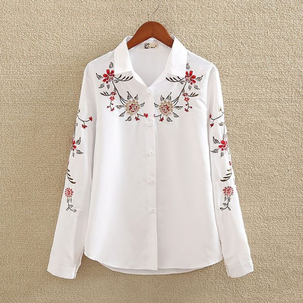 Nvyou Gou Floral Embroidered Blouse Shirt Women Slim White Tops Long